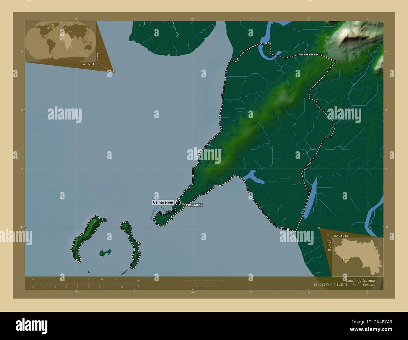 Conakry, region of Guinea. Colored elevation map with lakes and rivers ...