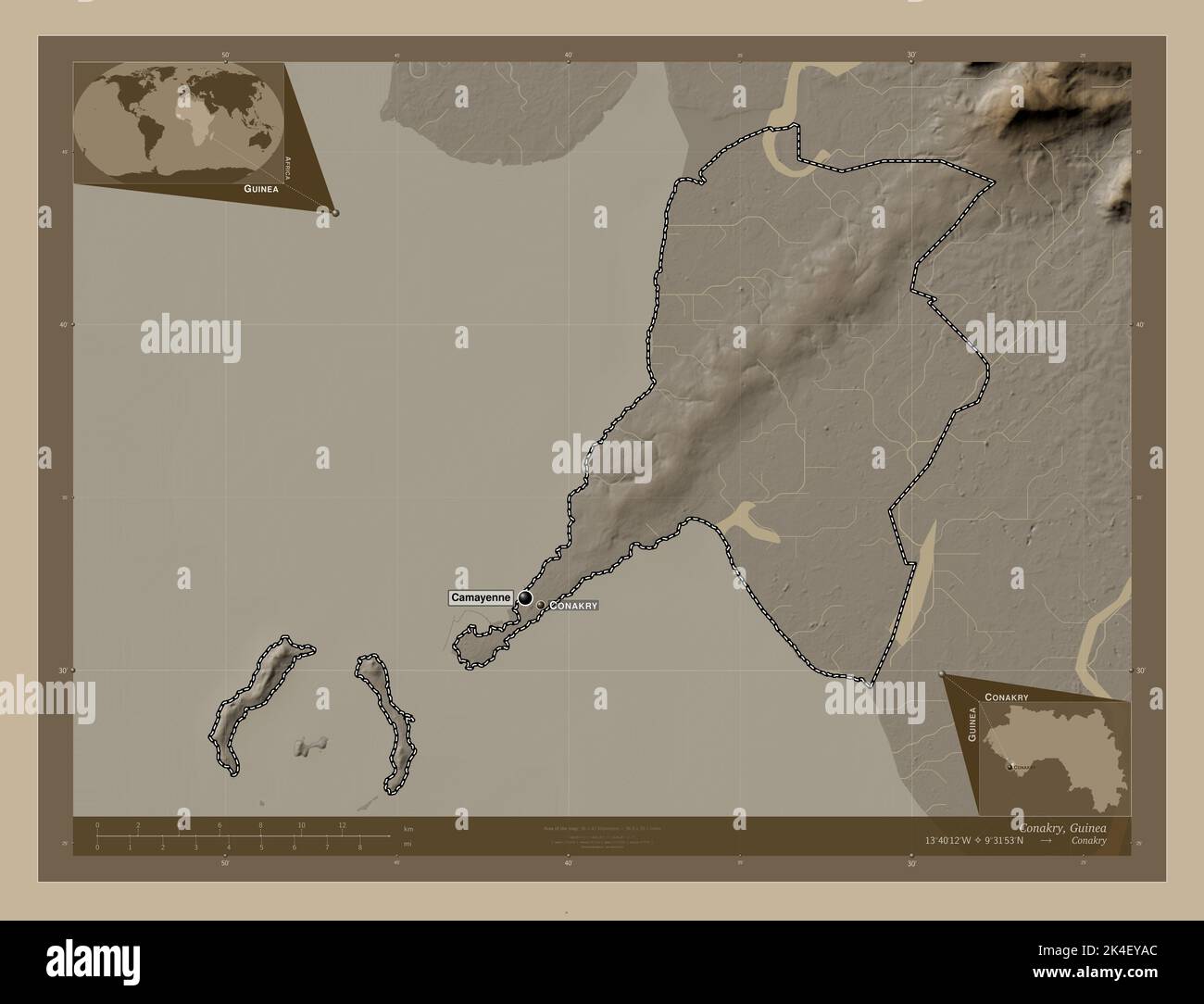 Conakry, region of Guinea. Elevation map colored in sepia tones with ...