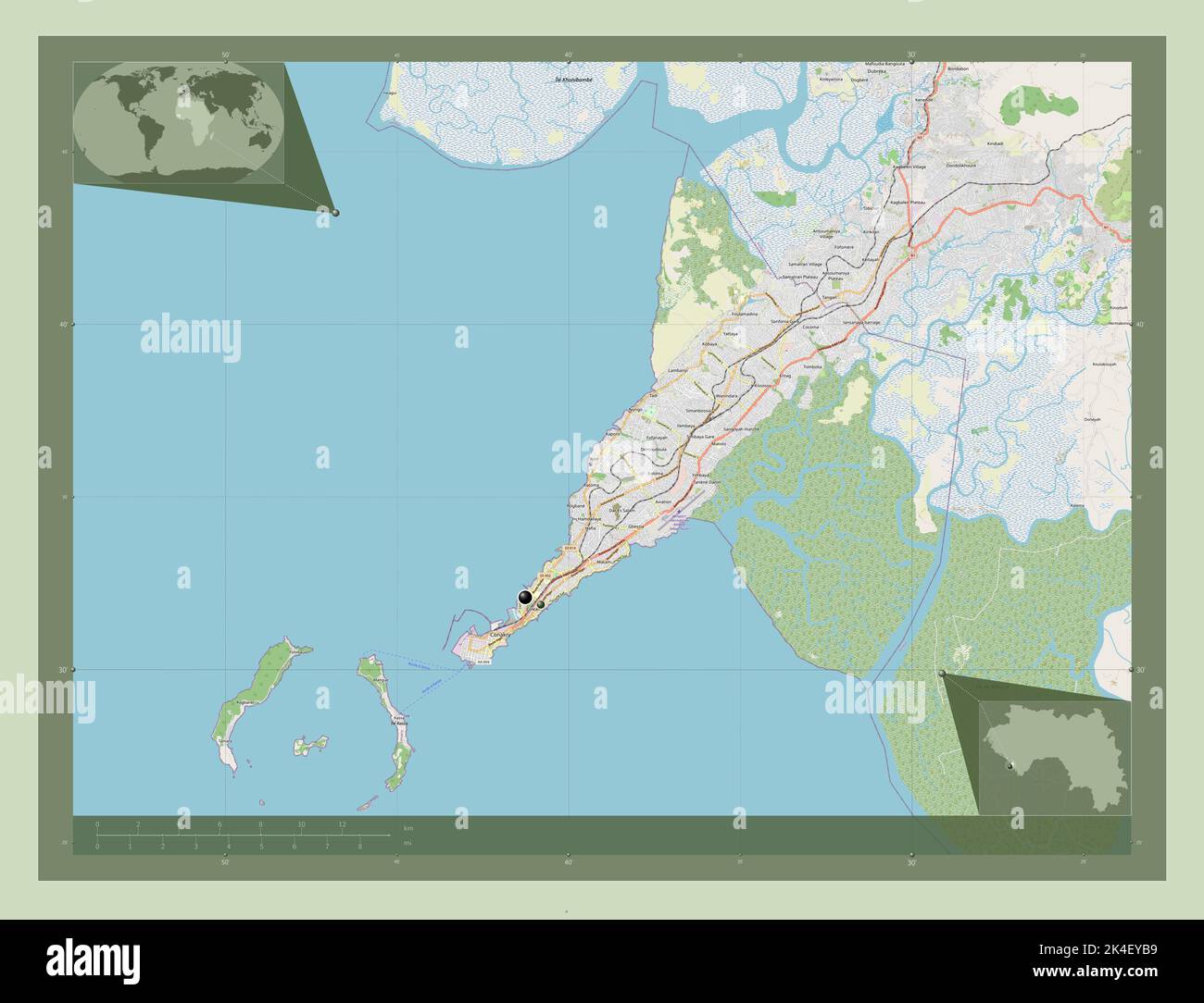 Conakry, region of Guinea. Open Street Map. Locations of major cities ...