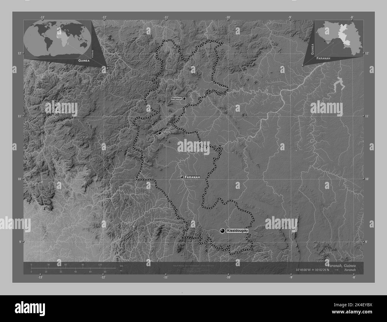Faranah, region of Guinea. Grayscale elevation map with lakes and ...