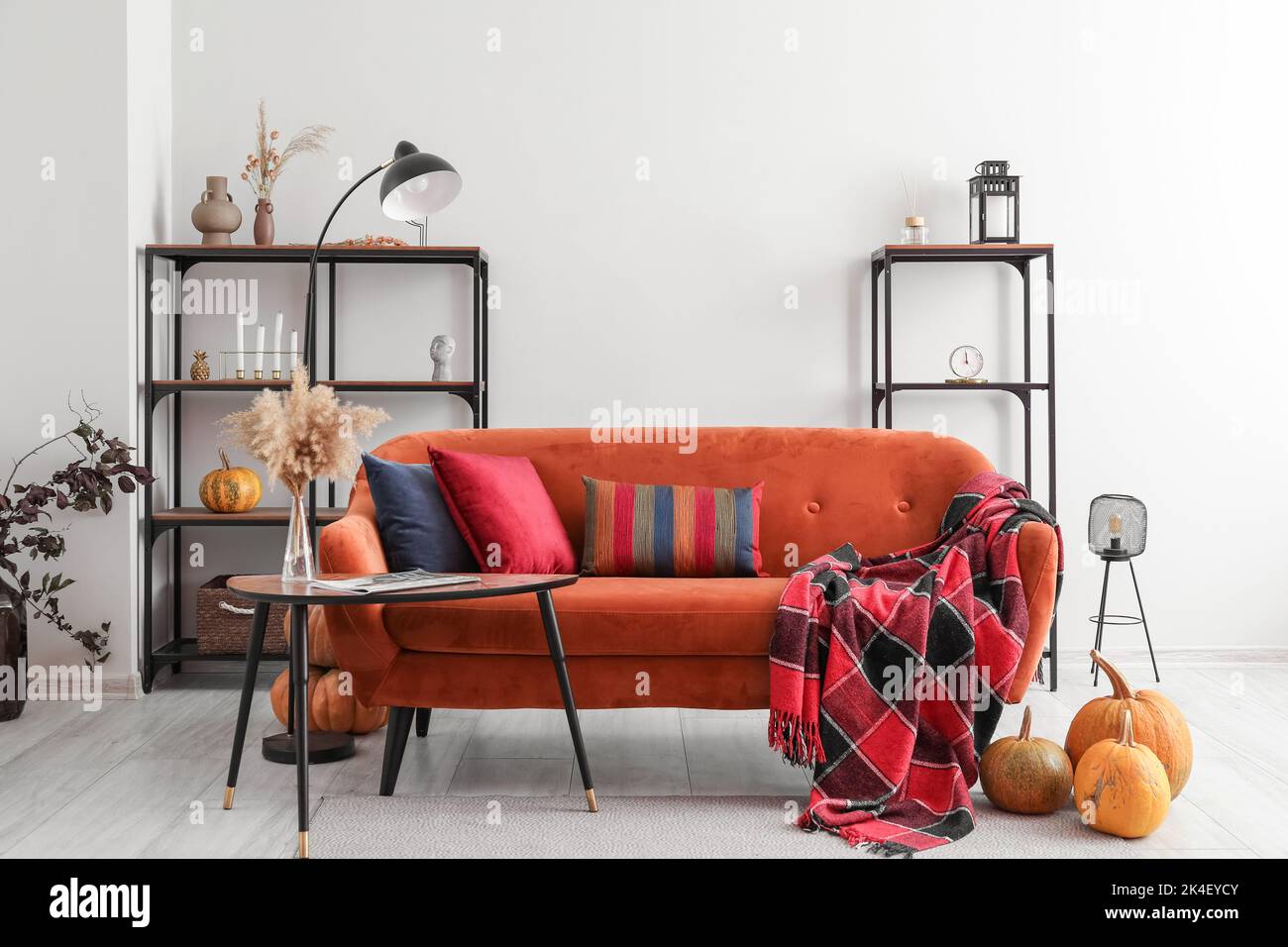 Autumn interior of living room with red sofa and shelving units Stock ...