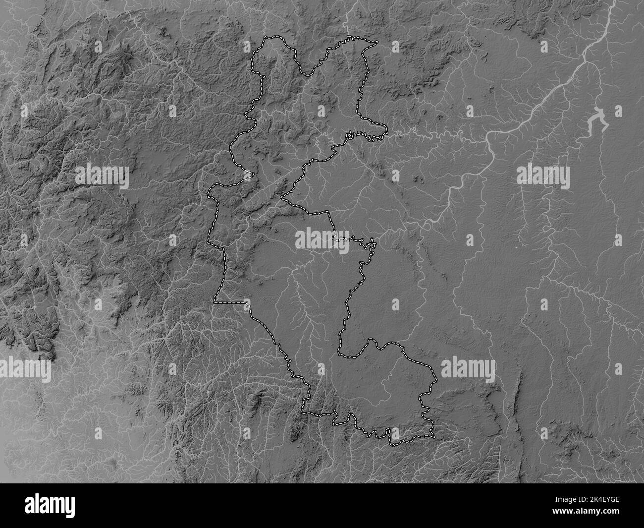 Faranah, region of Guinea. Grayscale elevation map with lakes and ...
