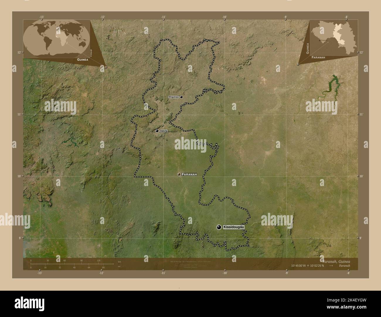 Faranah, region of Guinea. Low resolution satellite map. Locations and ...
