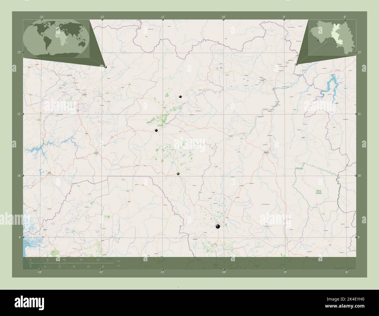 Faranah, region of Guinea. Open Street Map. Locations of major cities ...