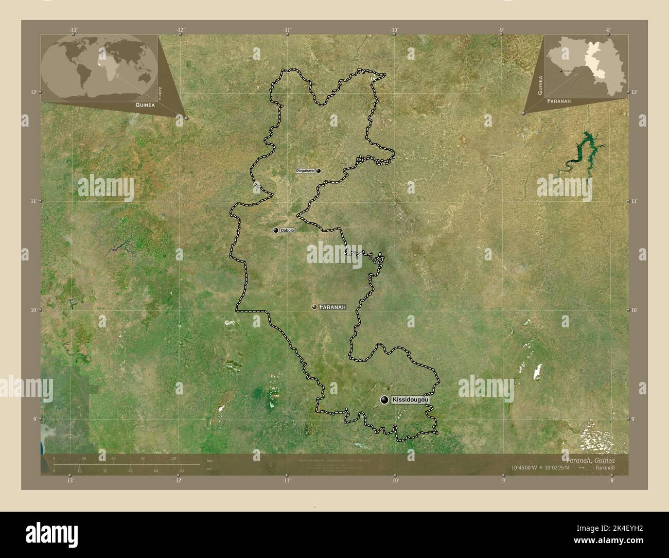 Faranah, region of Guinea. High resolution satellite map. Locations and ...