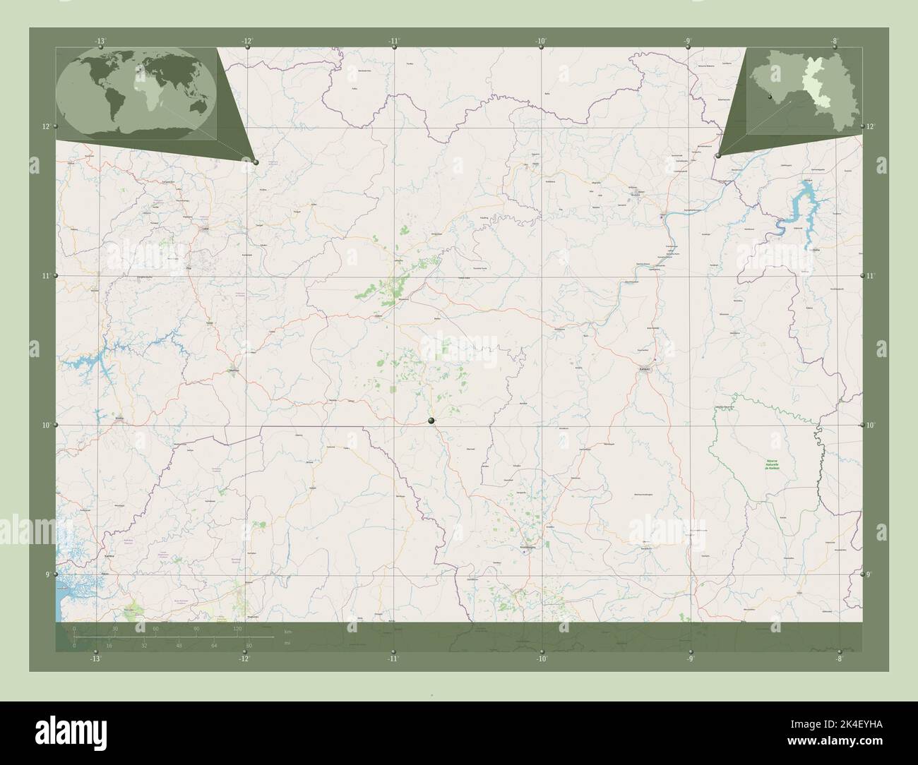 Faranah, region of Guinea. Open Street Map. Corner auxiliary location ...