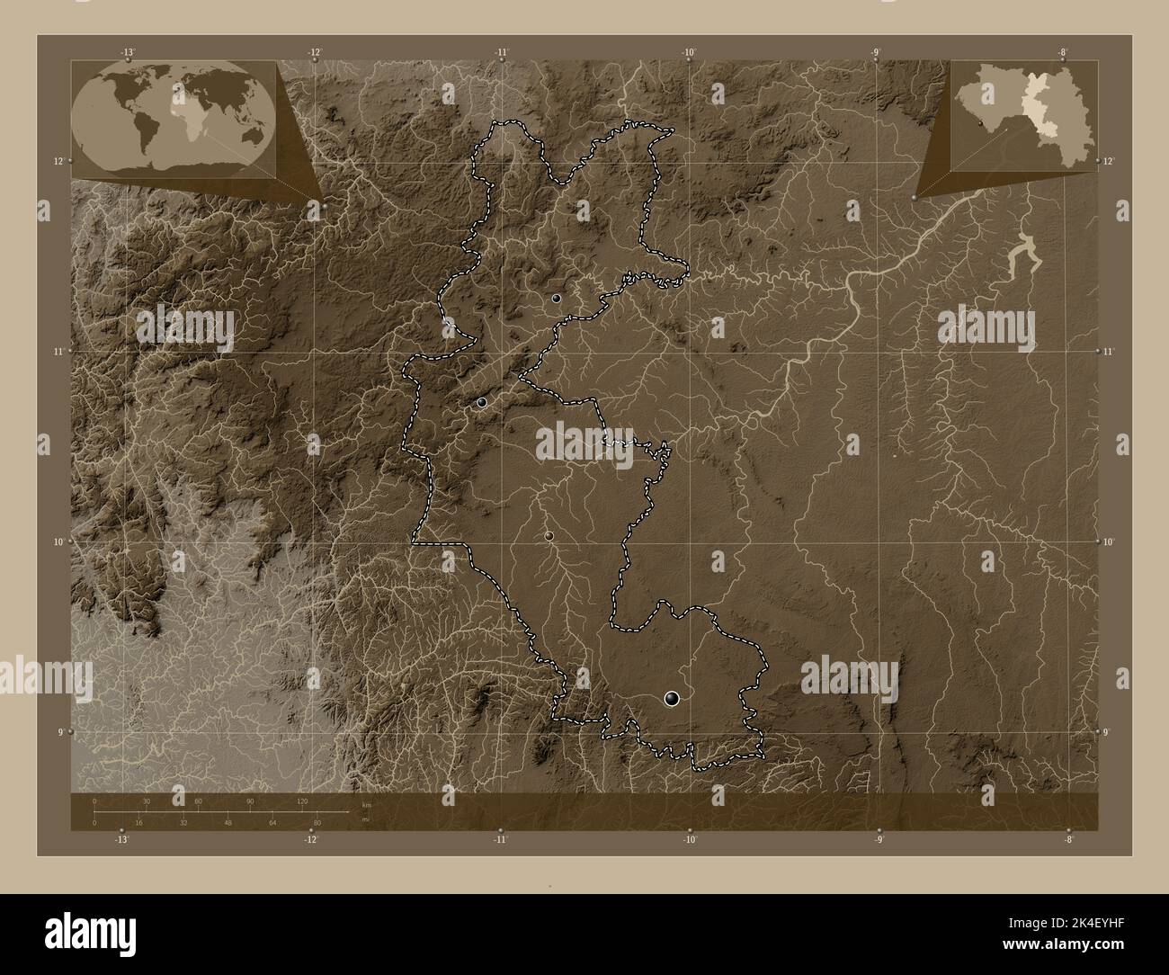 Faranah, region of Guinea. Elevation map colored in sepia tones with ...