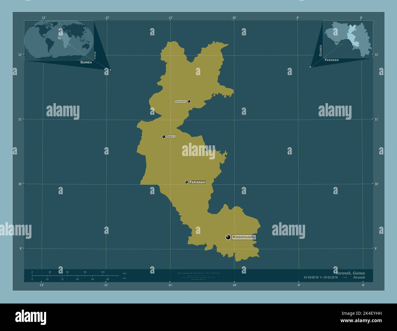 Faranah, region of Guinea. Solid color shape. Locations and names of ...