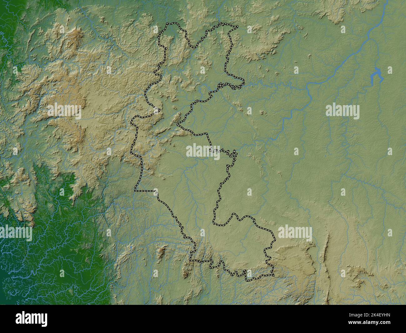 Faranah, region of Guinea. Colored elevation map with lakes and rivers ...