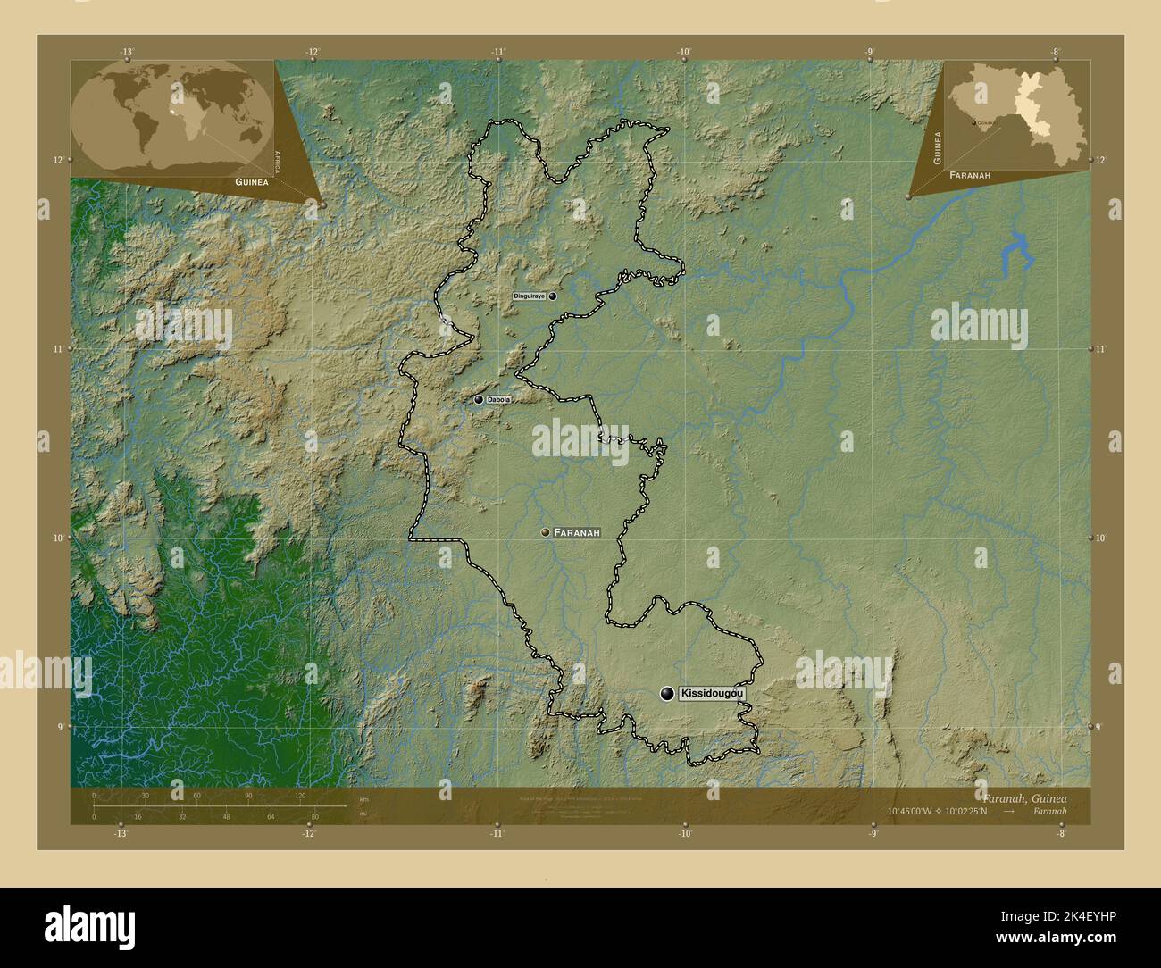 Faranah, region of Guinea. Colored elevation map with lakes and rivers ...