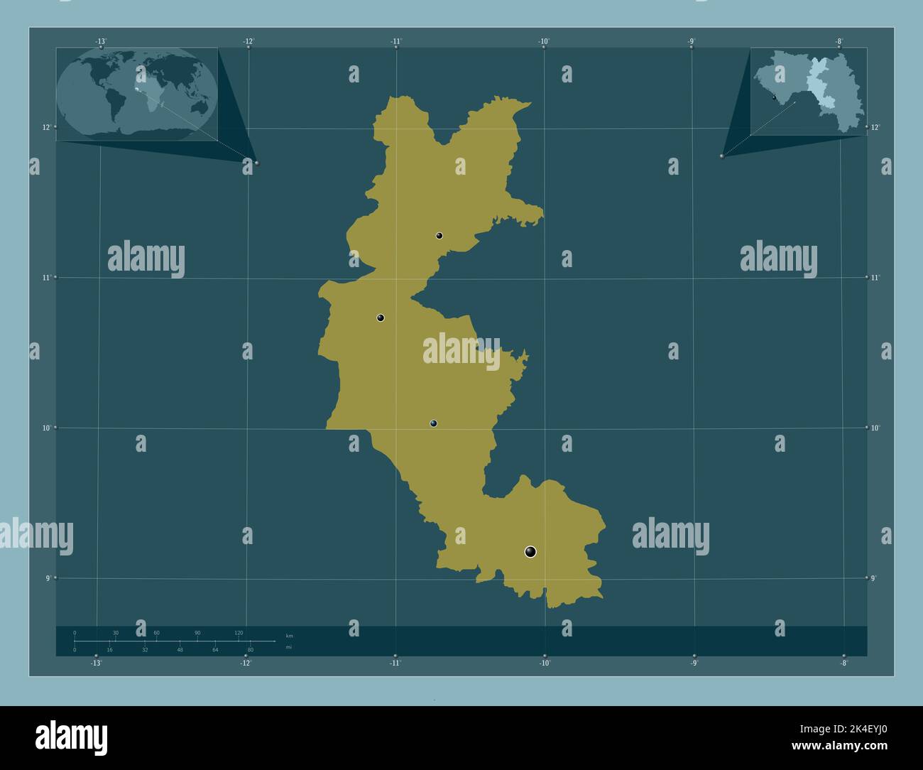 Faranah, region of Guinea. Solid color shape. Locations of major cities ...