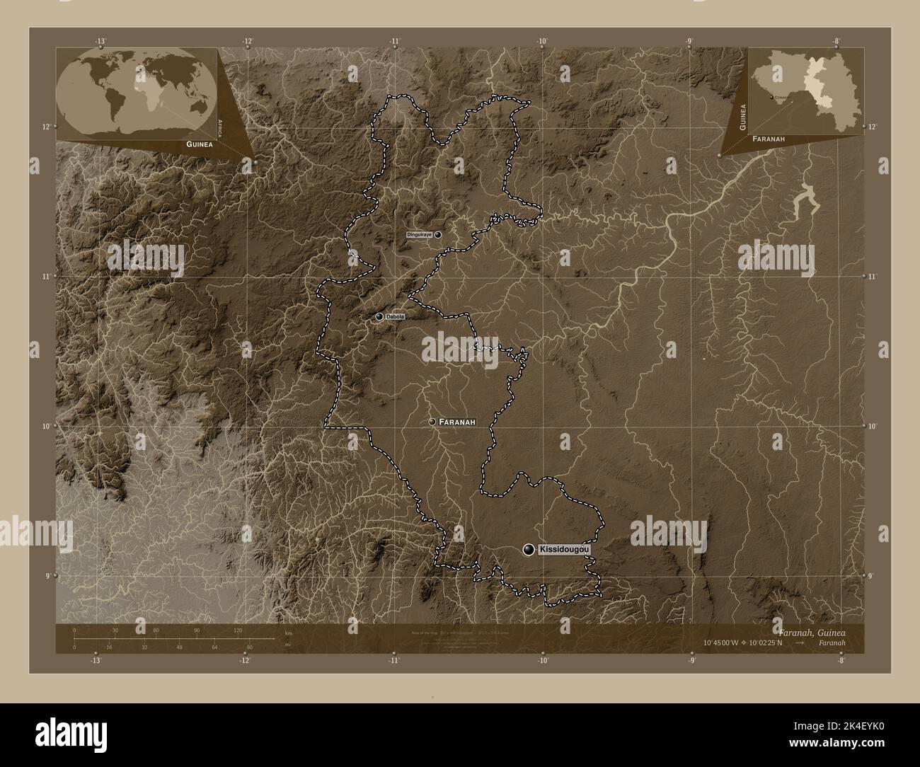 Faranah, region of Guinea. Elevation map colored in sepia tones with ...