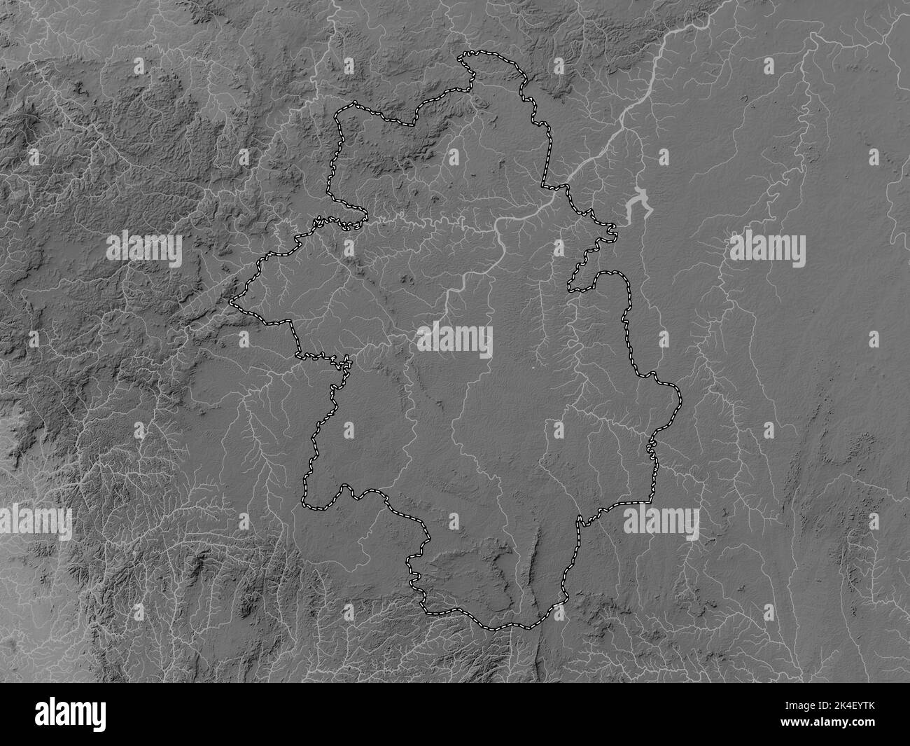 Kankan, region of Guinea. Grayscale elevation map with lakes and rivers ...