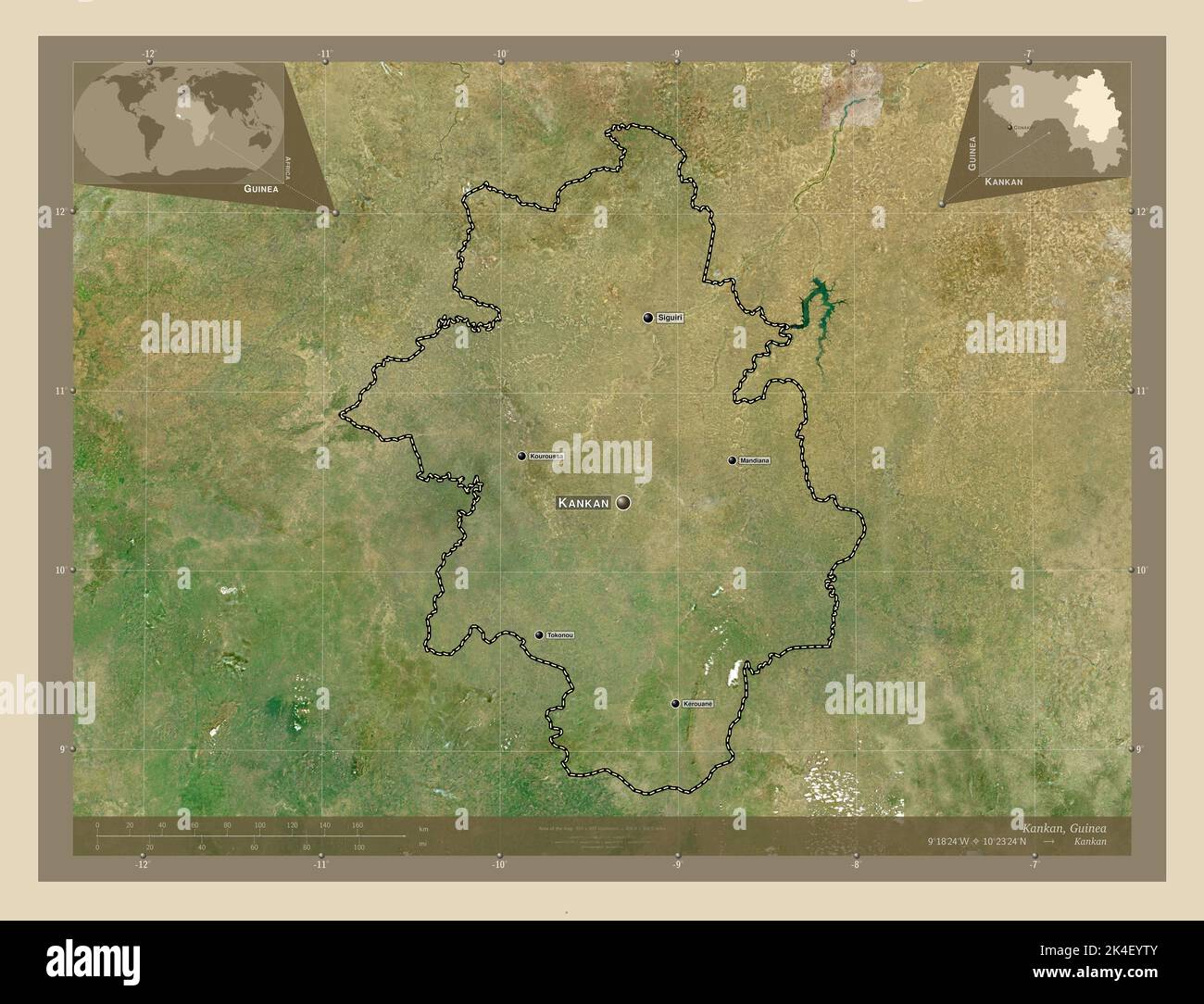 Kankan, region of Guinea. High resolution satellite map. Locations and ...
