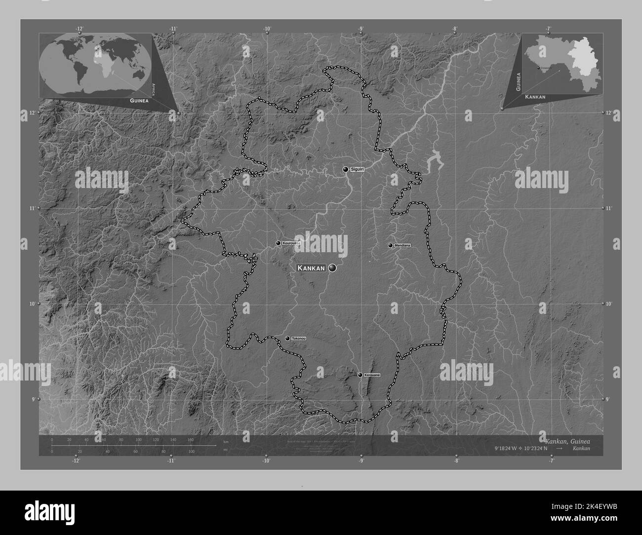Kankan, region of Guinea. Grayscale elevation map with lakes and rivers ...