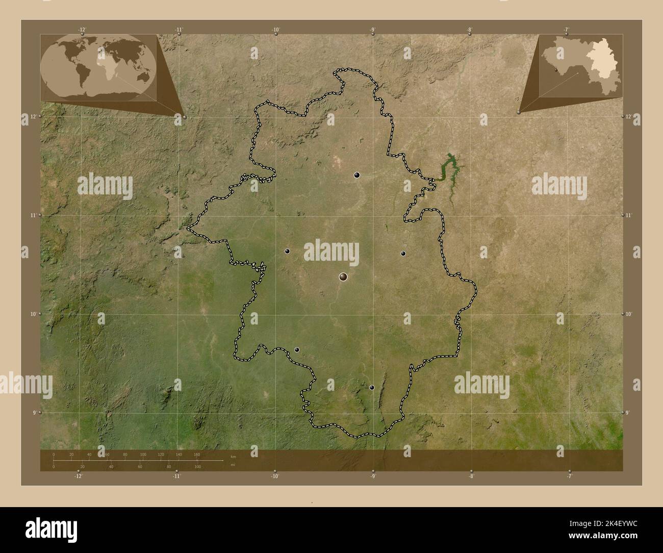 Kankan, region of Guinea. Low resolution satellite map. Locations of ...