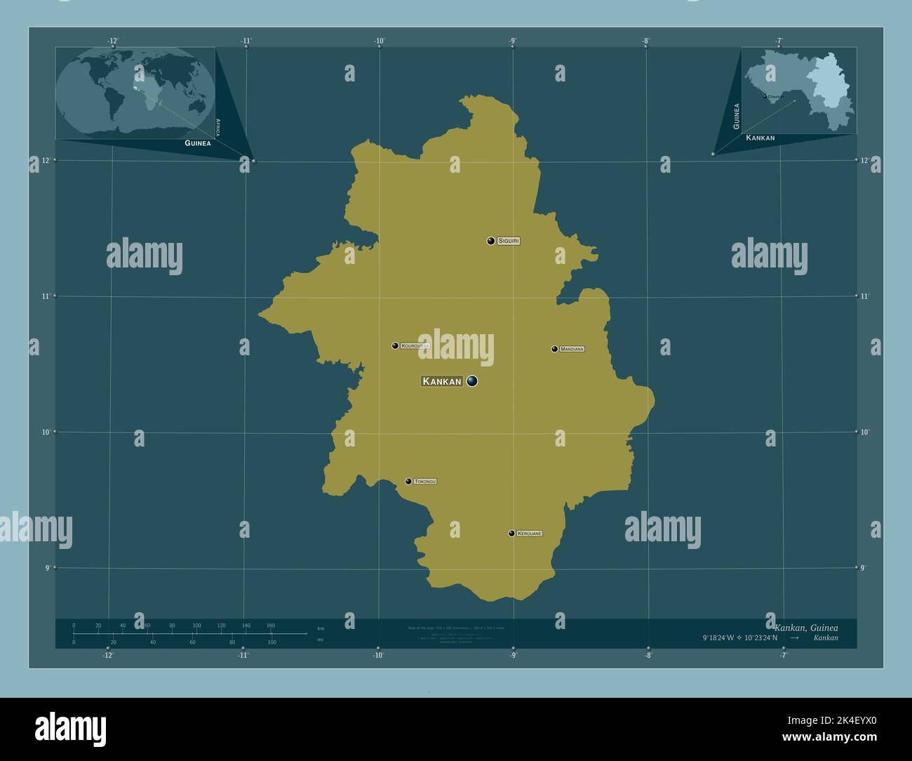 Kankan, region of Guinea. Solid color shape. Locations and names of ...