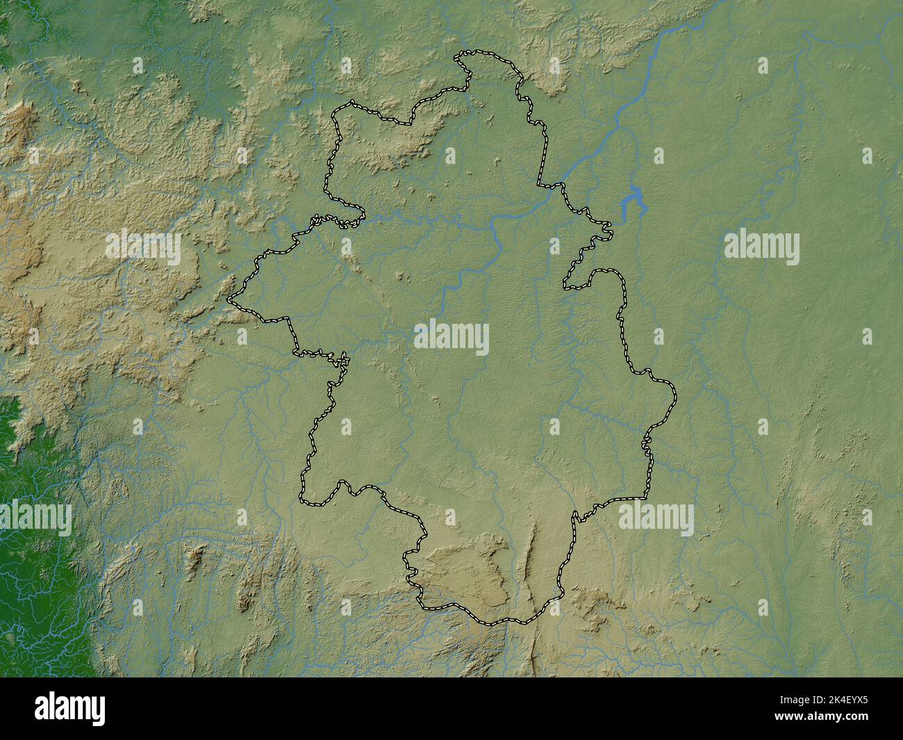 Kankan, region of Guinea. Colored elevation map with lakes and rivers ...