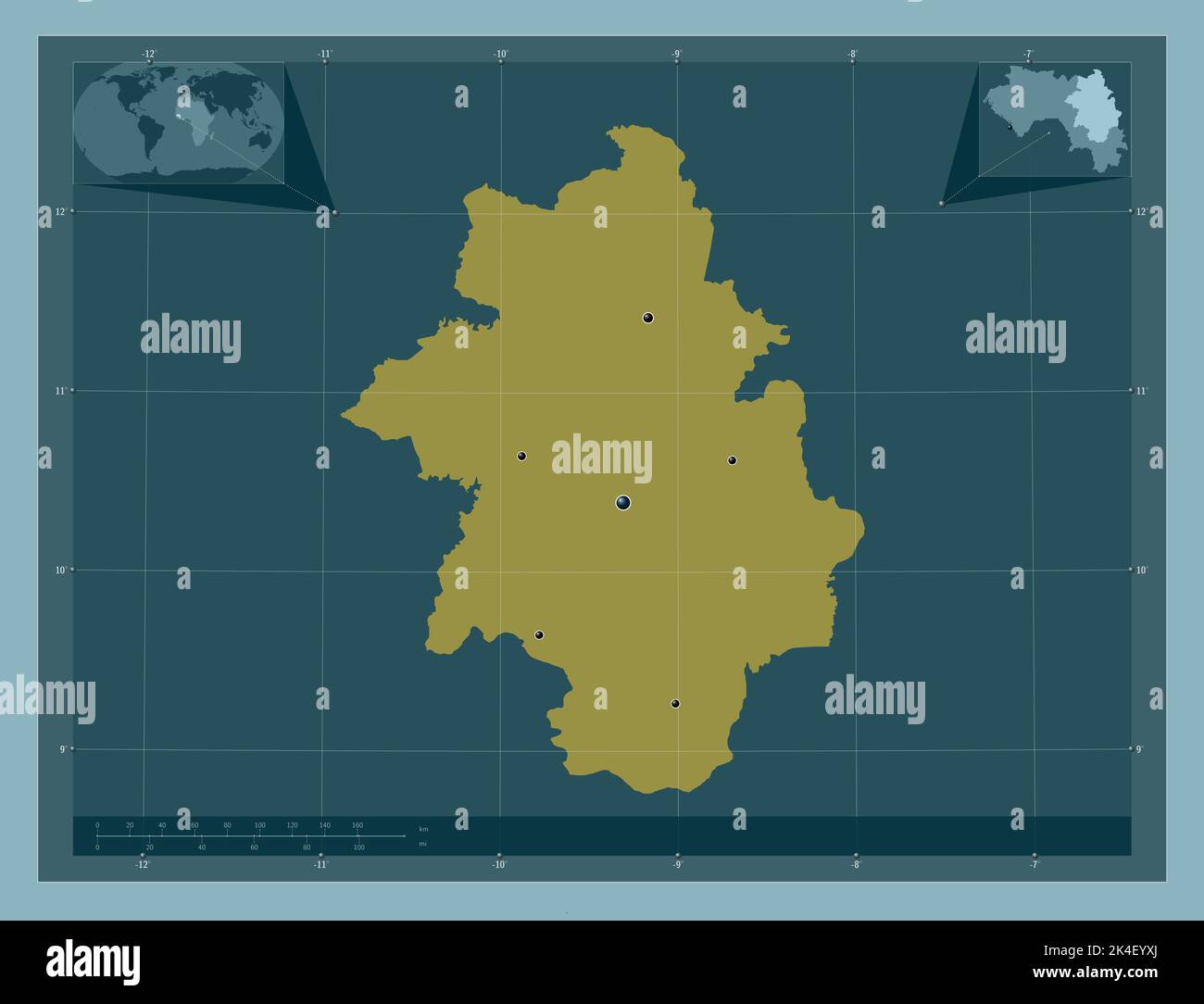 Kankan, region of Guinea. Solid color shape. Locations of major cities ...
