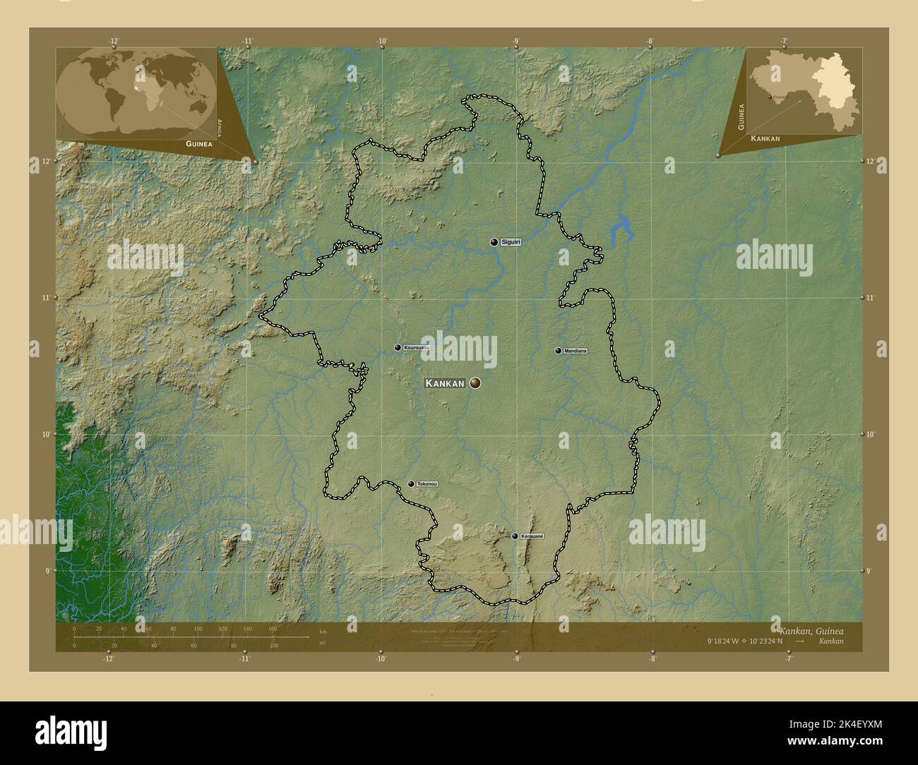 Kankan, region of Guinea. Colored elevation map with lakes and rivers ...