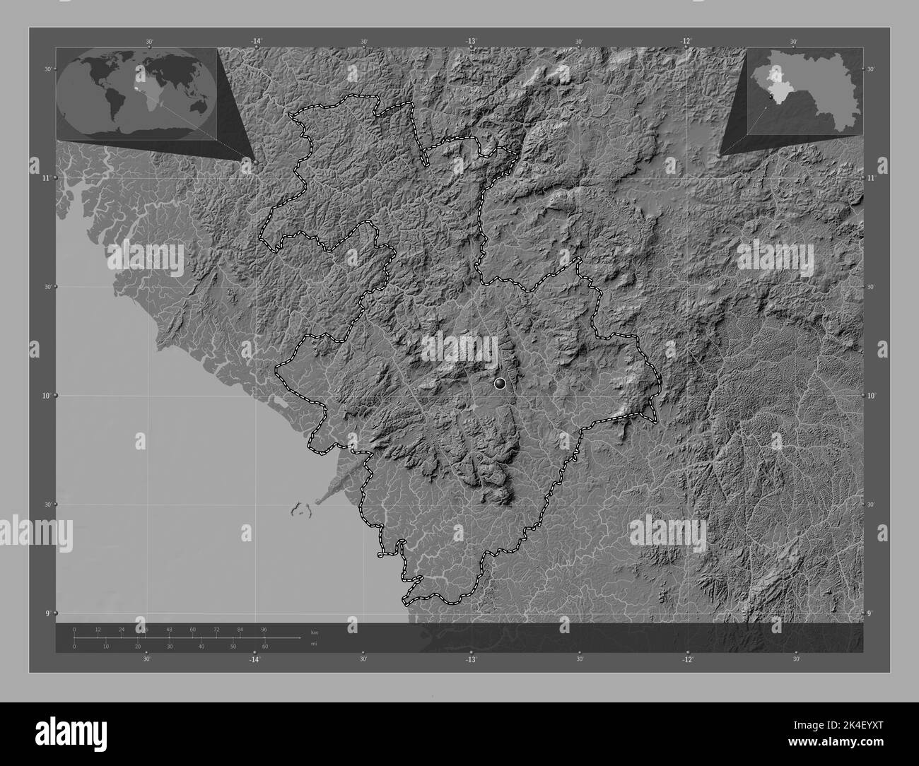 Kindia, region of Guinea. Bilevel elevation map with lakes and rivers ...