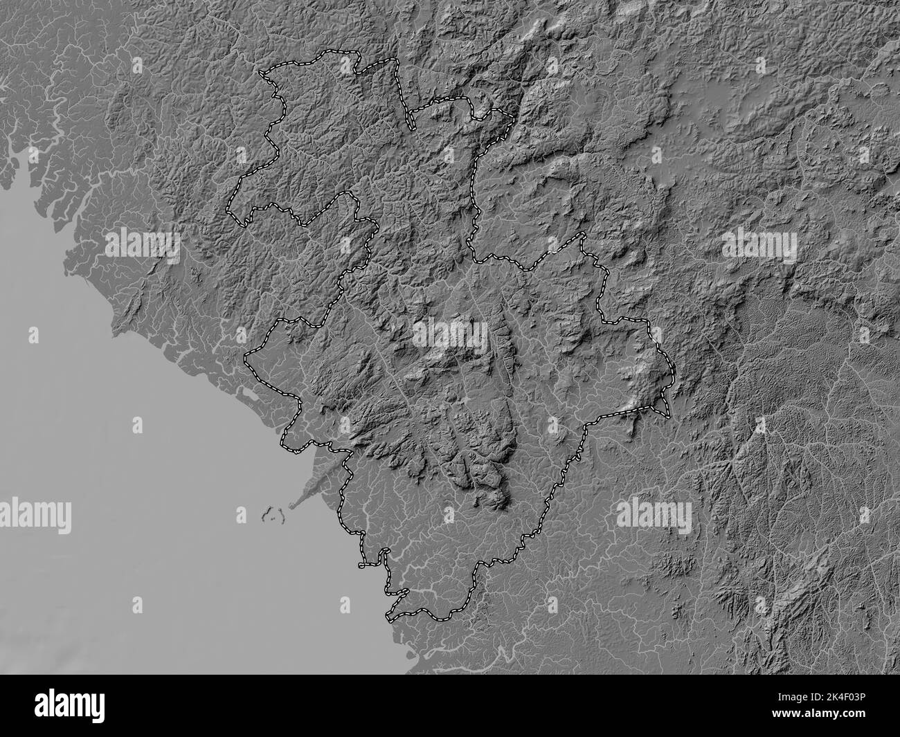 Kindia, region of Guinea. Bilevel elevation map with lakes and rivers ...