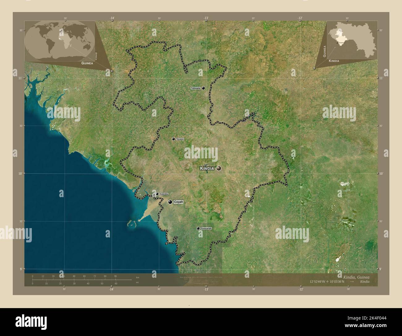 Kindia, region of Guinea. High resolution satellite map. Locations and ...