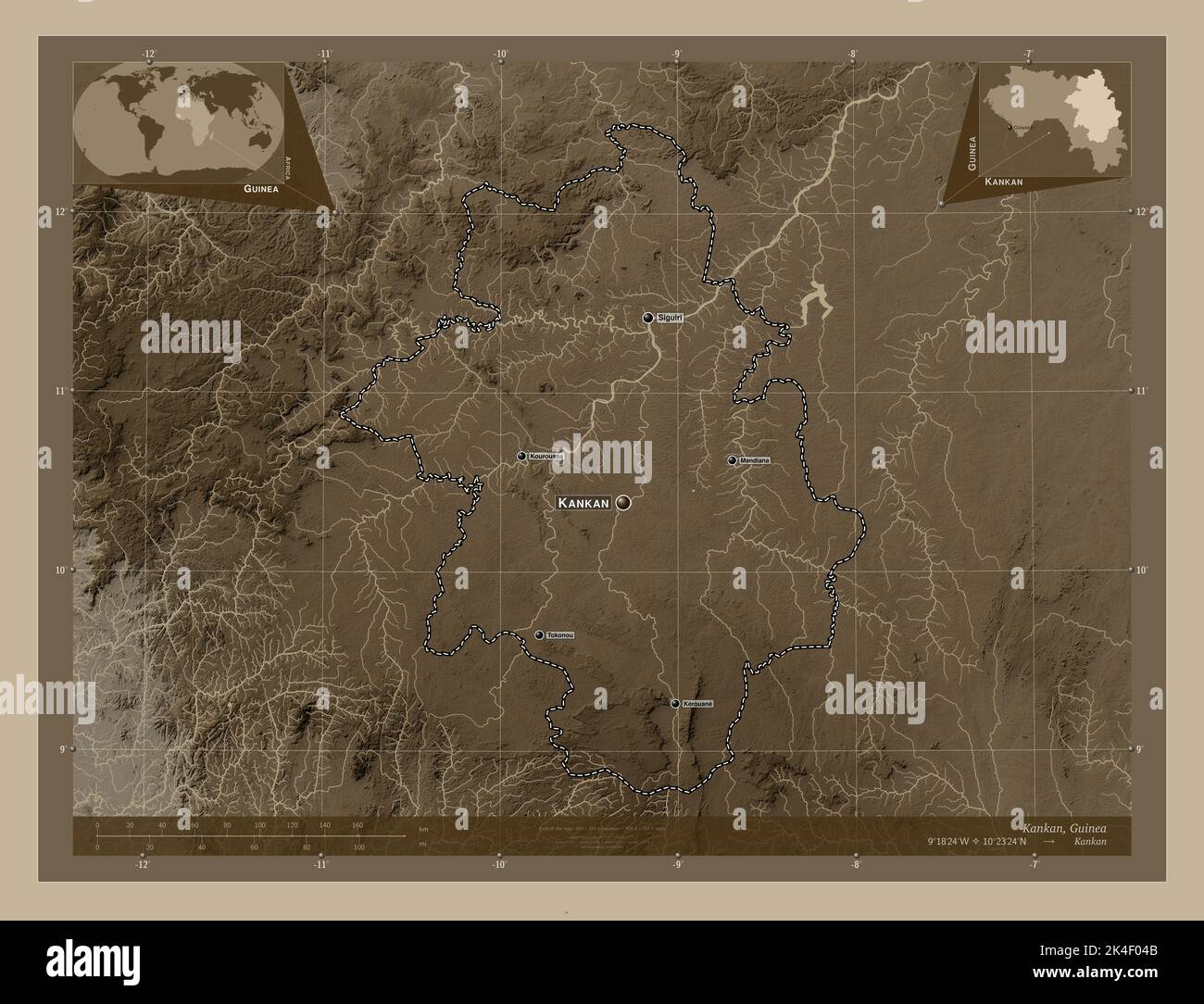 Kankan, region of Guinea. Elevation map colored in sepia tones with ...