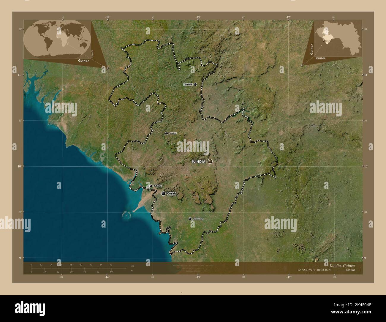 Kindia, region of Guinea. Low resolution satellite map. Locations and ...