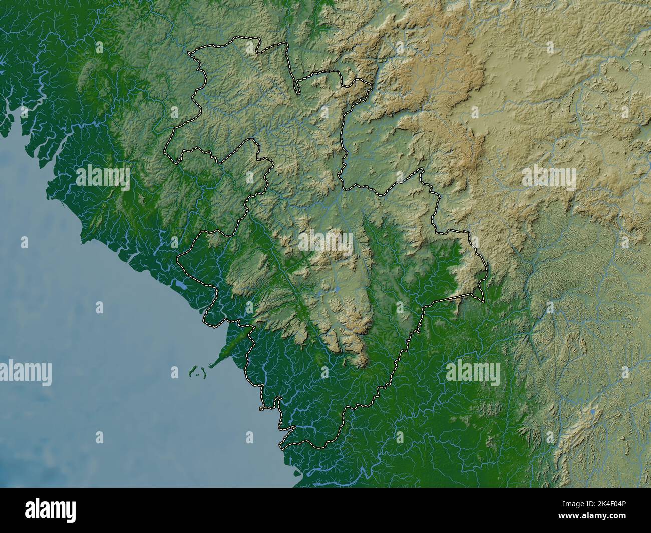 Kindia, region of Guinea. Colored elevation map with lakes and rivers ...