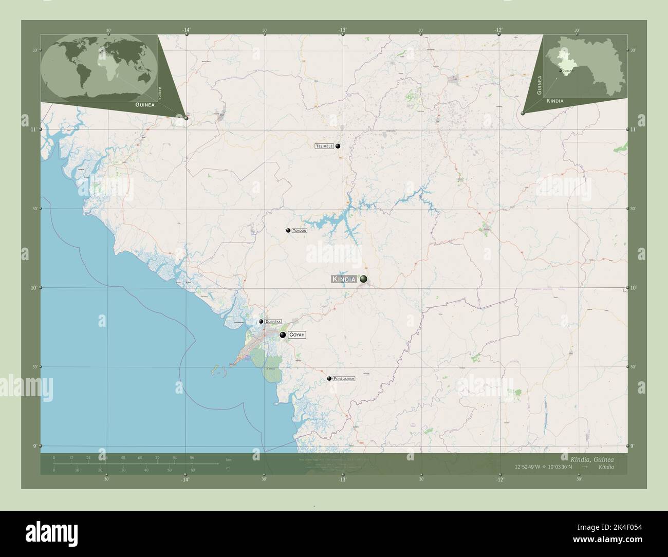 Kindia, region of Guinea. Open Street Map. Locations and names of major ...