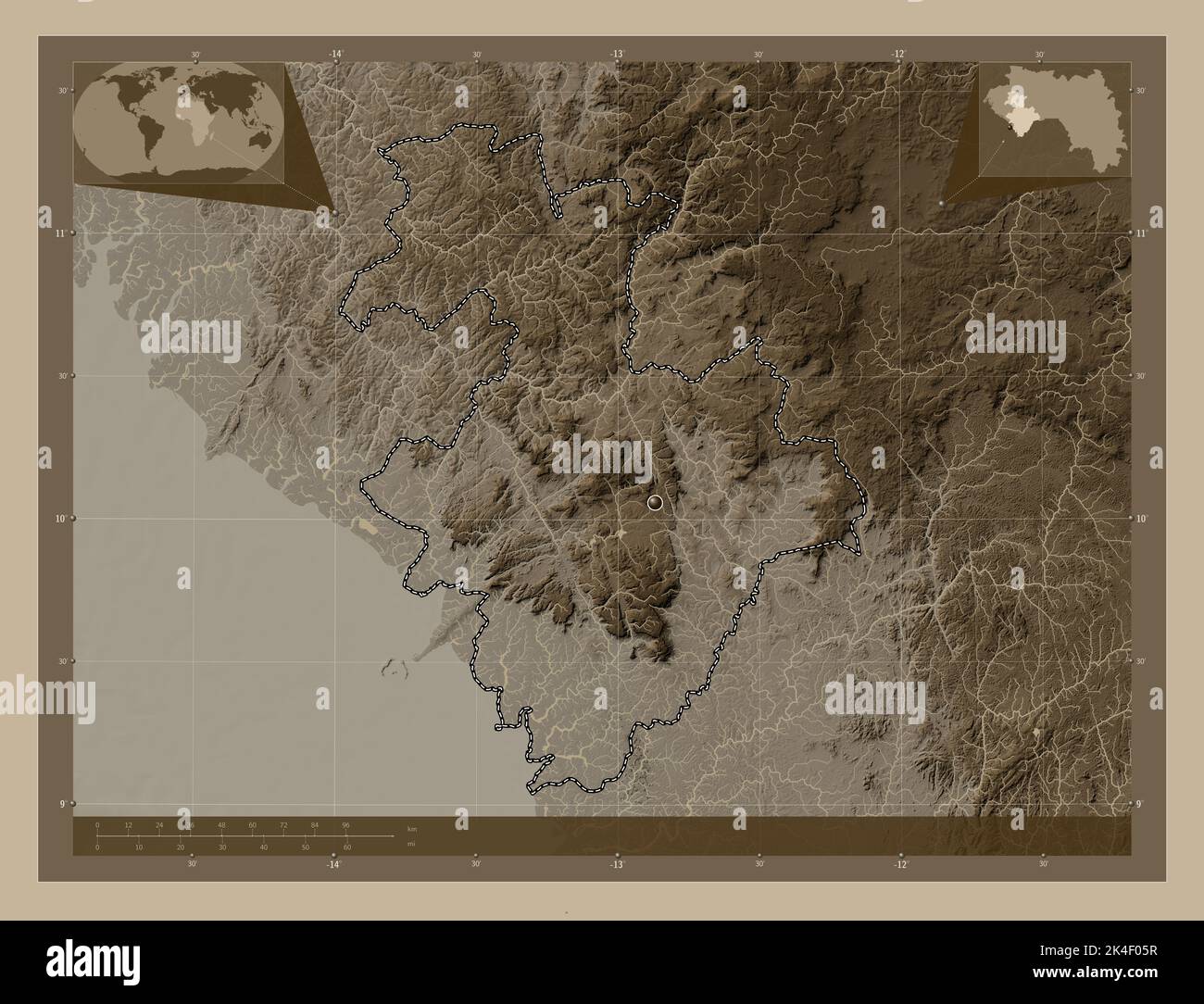 Kindia, region of Guinea. Elevation map colored in sepia tones with ...