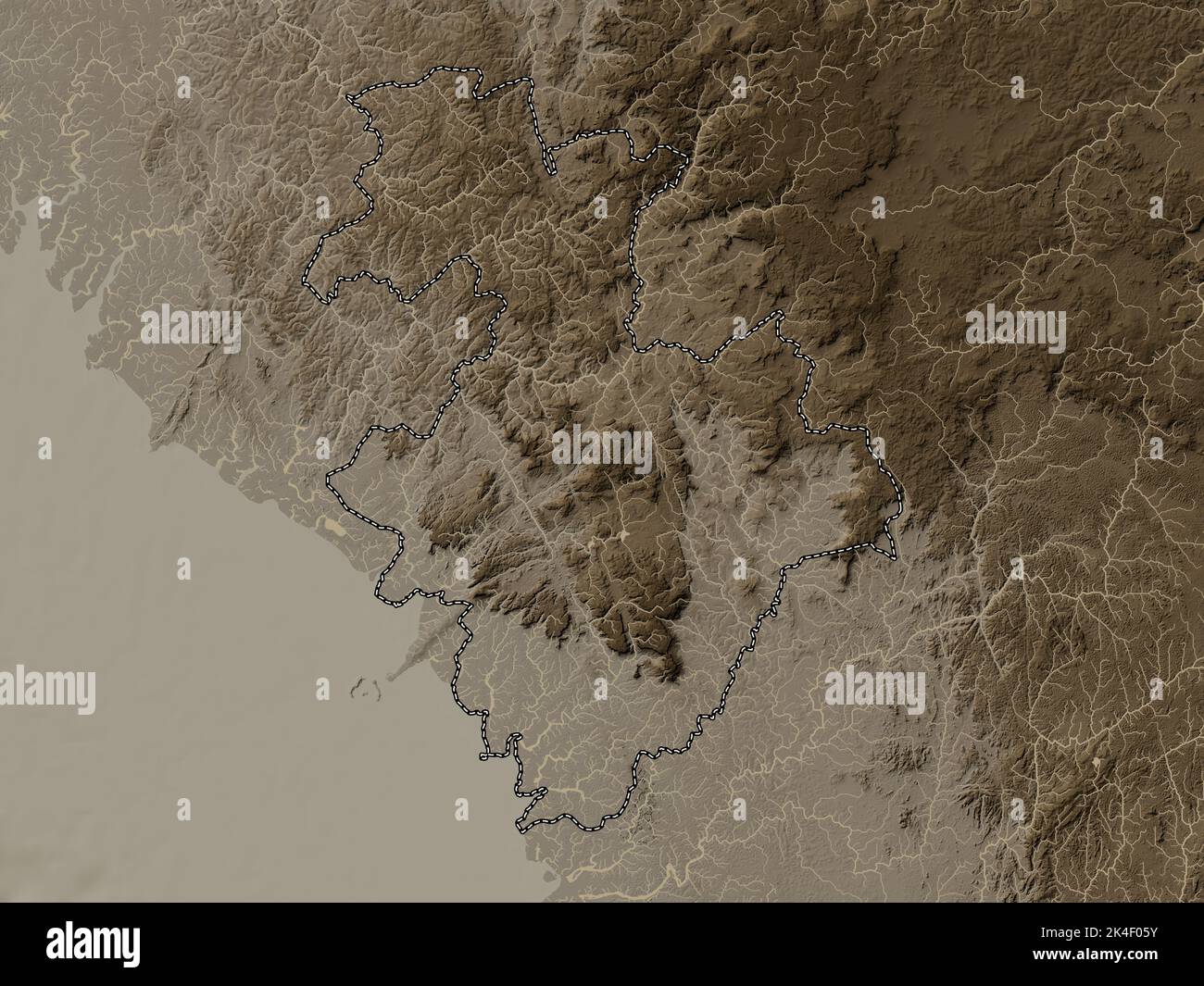 Kindia, region of Guinea. Elevation map colored in sepia tones with ...