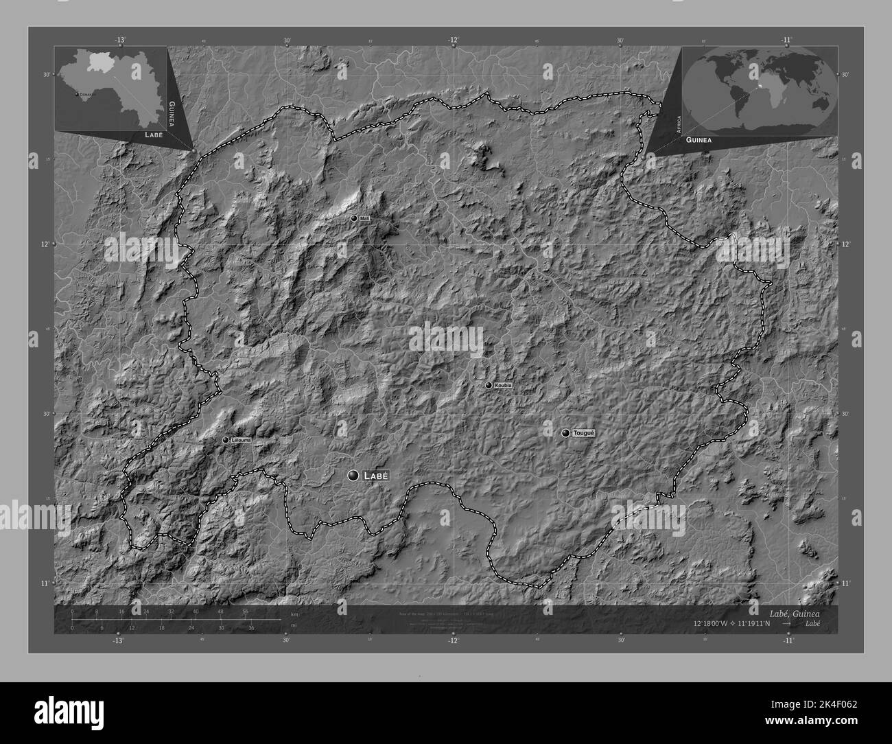 Labe, region of Guinea. Bilevel elevation map with lakes and rivers ...