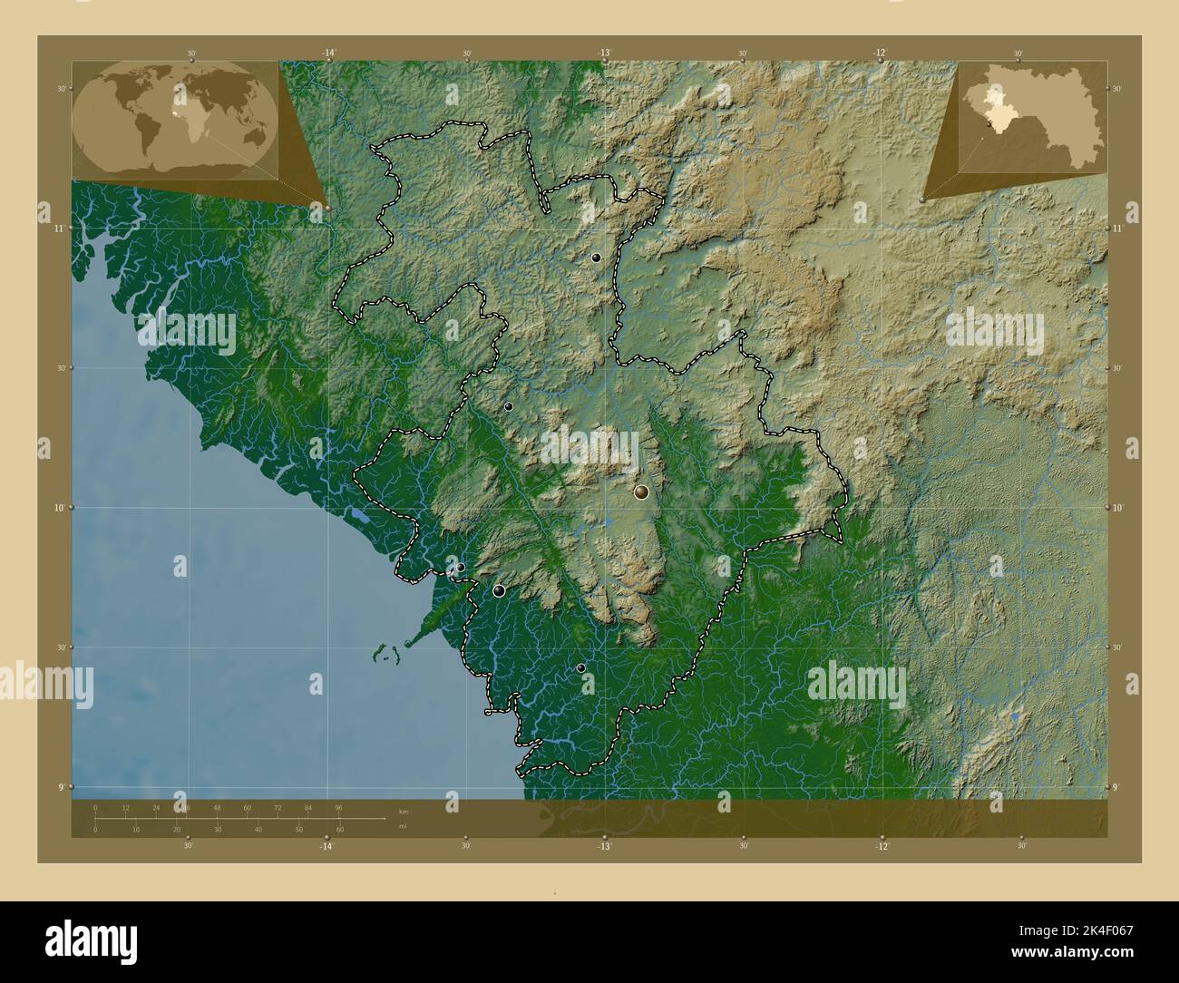 Kindia, region of Guinea. Colored elevation map with lakes and rivers ...