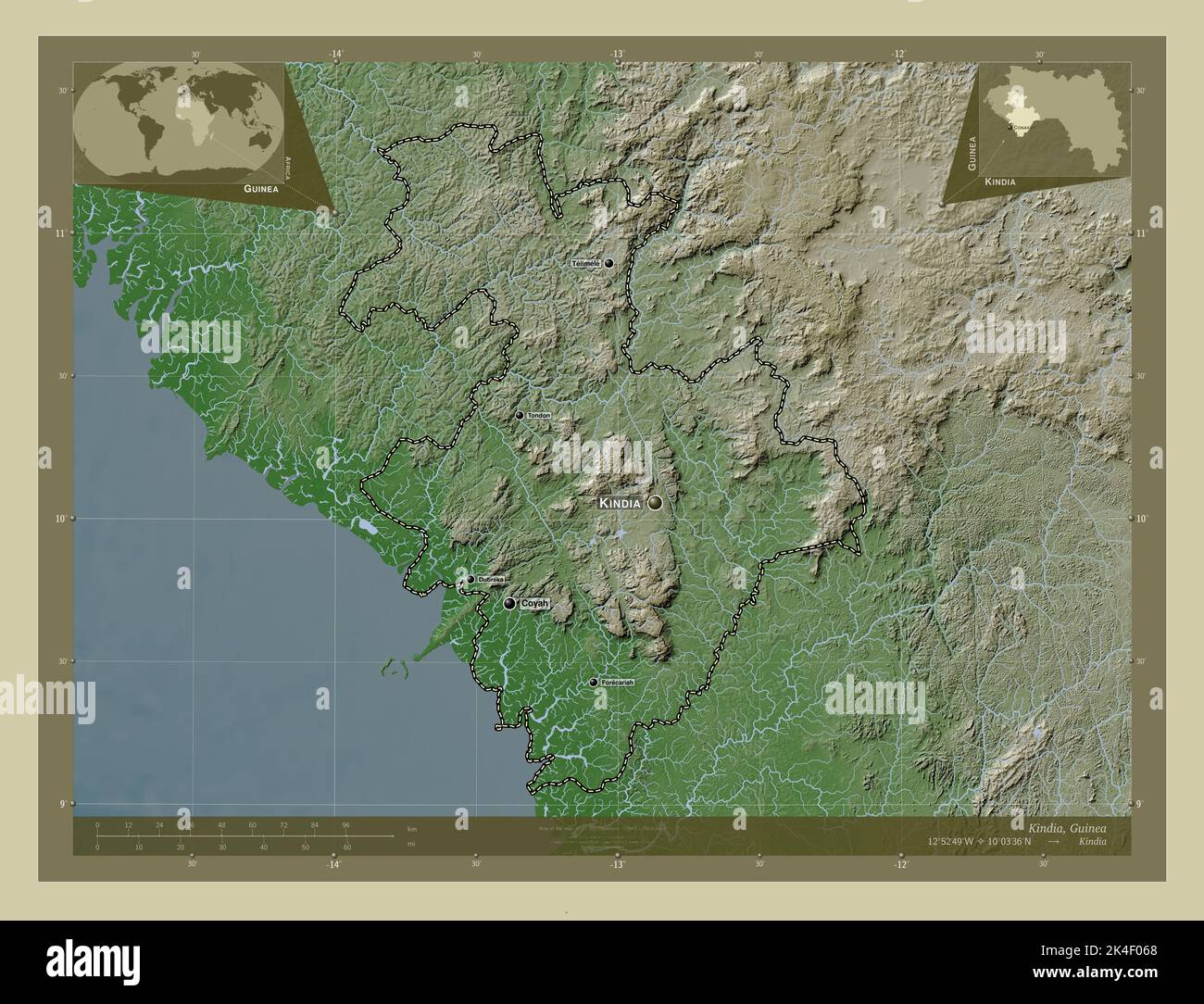 Kindia, region of Guinea. Elevation map colored in wiki style with lakes and rivers. Locations ...