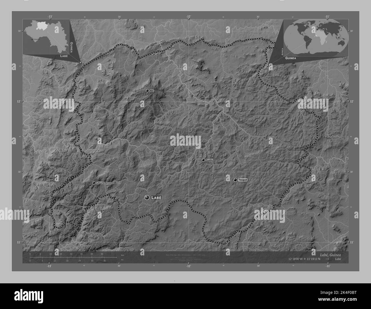 Labe, region of Guinea. Grayscale elevation map with lakes and rivers ...