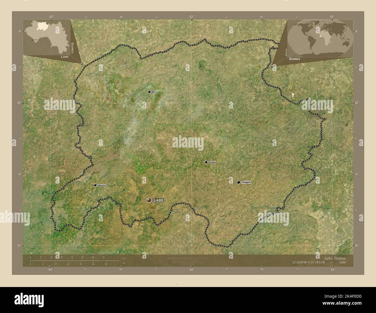 Labe, region of Guinea. High resolution satellite map. Locations and ...