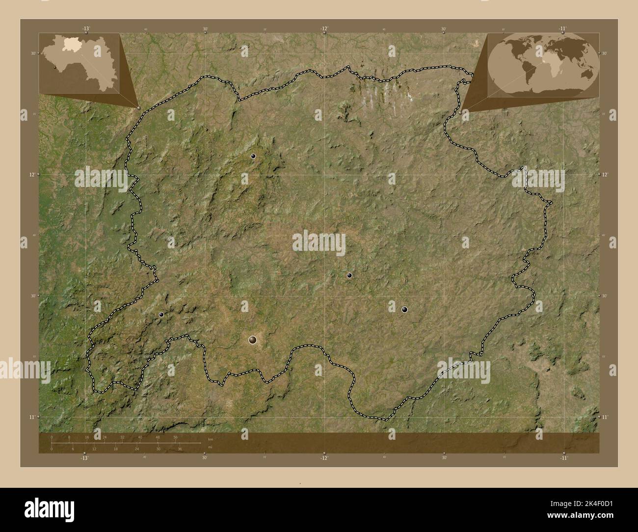 Labe, region of Guinea. Low resolution satellite map. Locations of ...