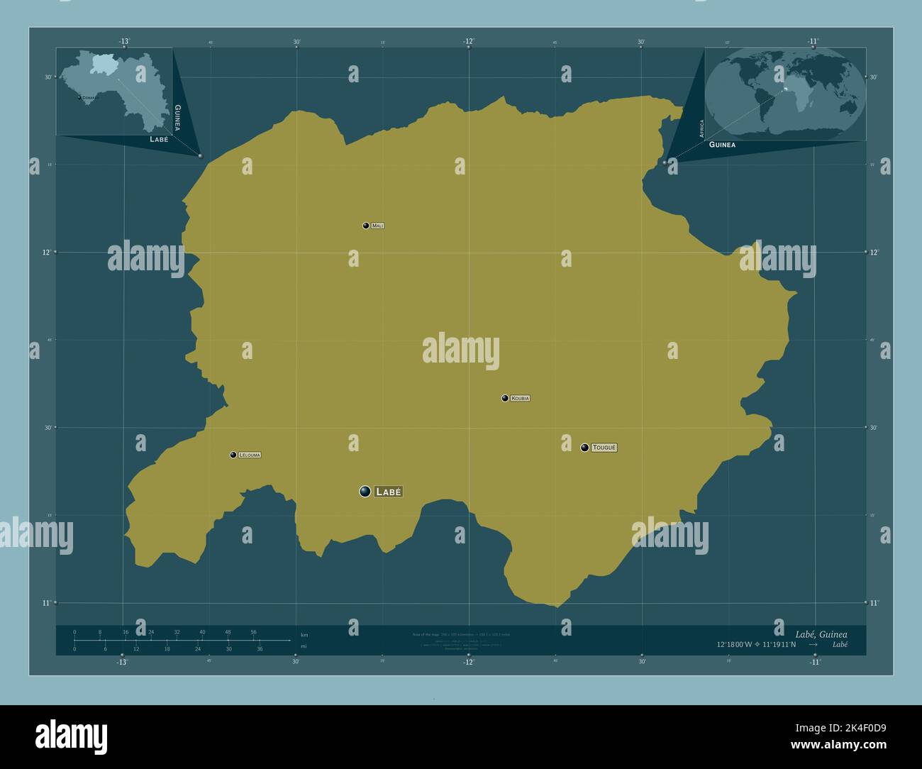 Labe, region of Guinea. Solid color shape. Locations and names of major ...
