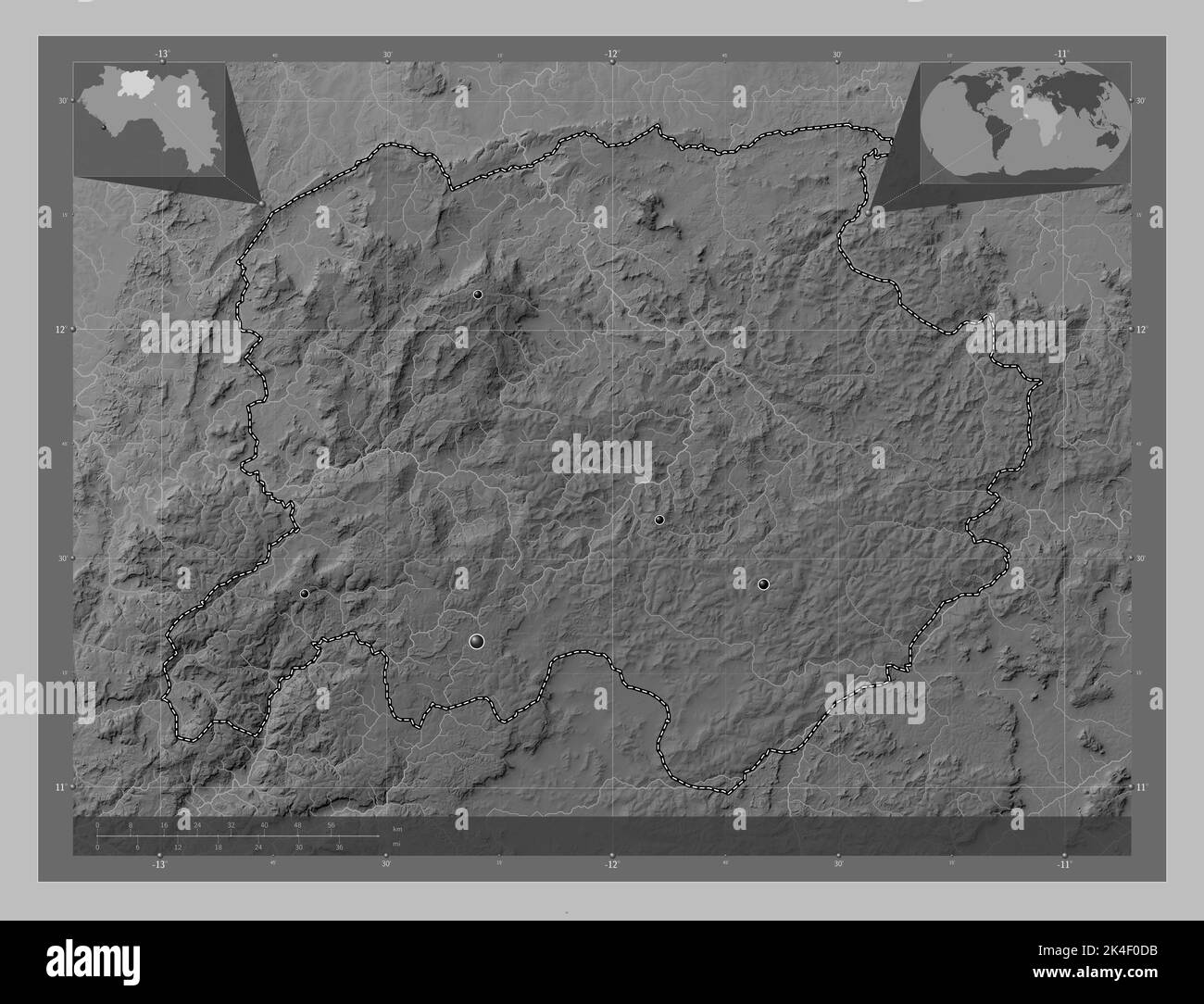 Labe, region of Guinea. Grayscale elevation map with lakes and rivers ...