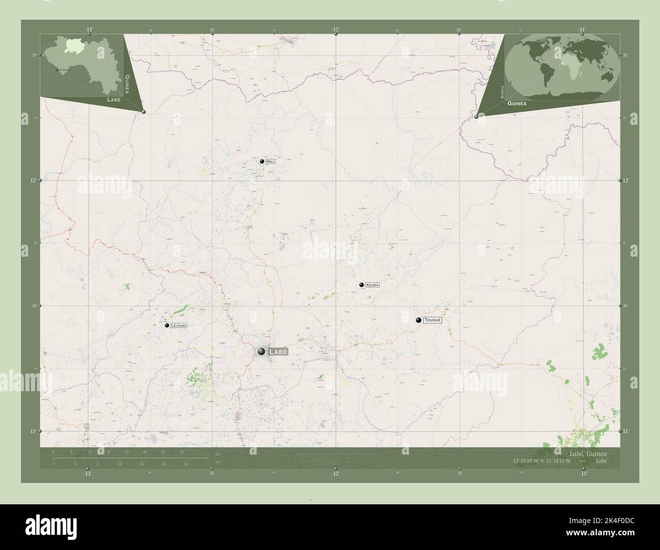 Labe, region of Guinea. Open Street Map. Locations and names of major ...