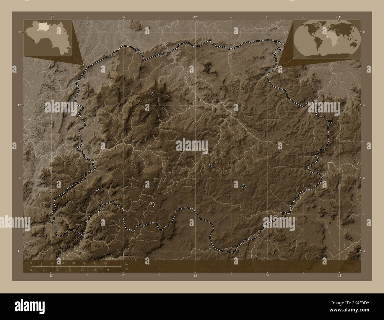 Labe, region of Guinea. Elevation map colored in sepia tones with lakes ...