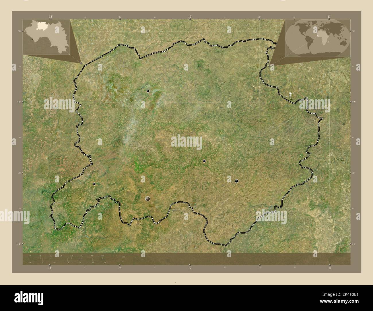 Labe, region of Guinea. High resolution satellite map. Locations of major cities of the region ...
