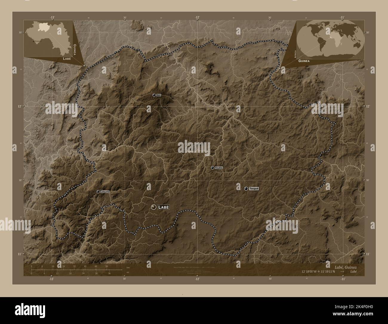 Labe, region of Guinea. Elevation map colored in sepia tones with lakes ...