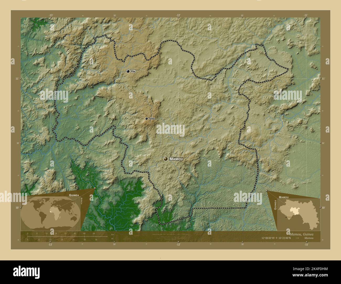 Mamou, region of Guinea. Colored elevation map with lakes and rivers ...