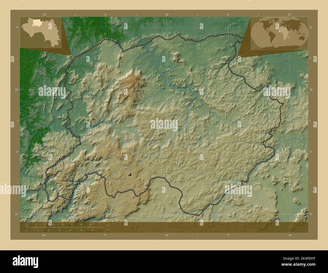 Labe, region of Guinea. Colored elevation map with lakes and rivers ...