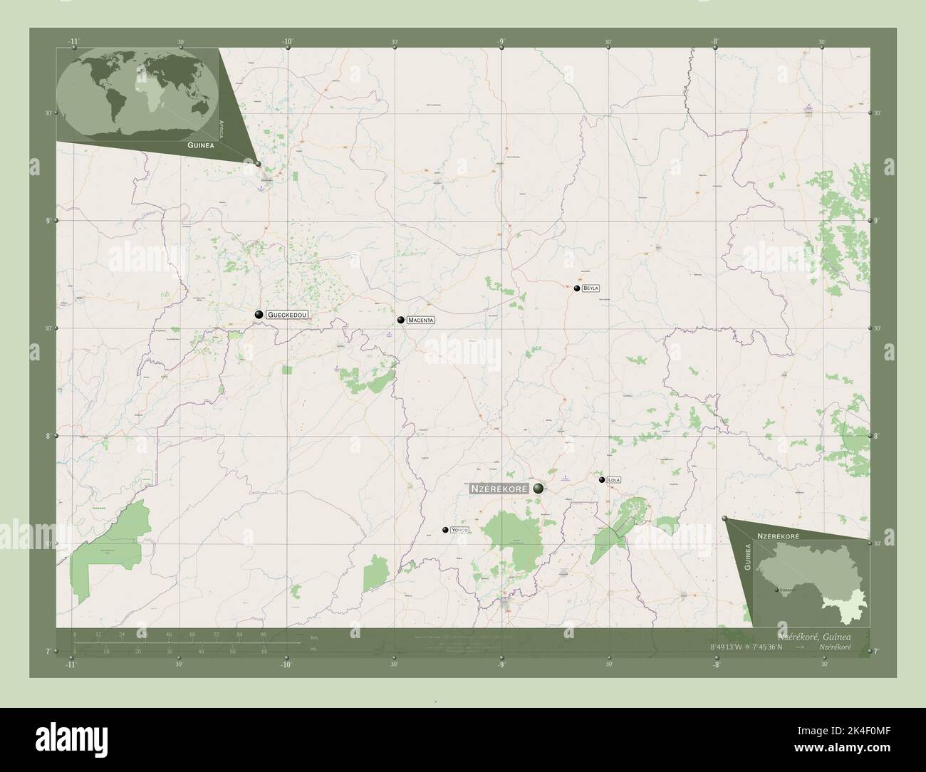Nzerekore, region of Guinea. Open Street Map. Locations and names of ...