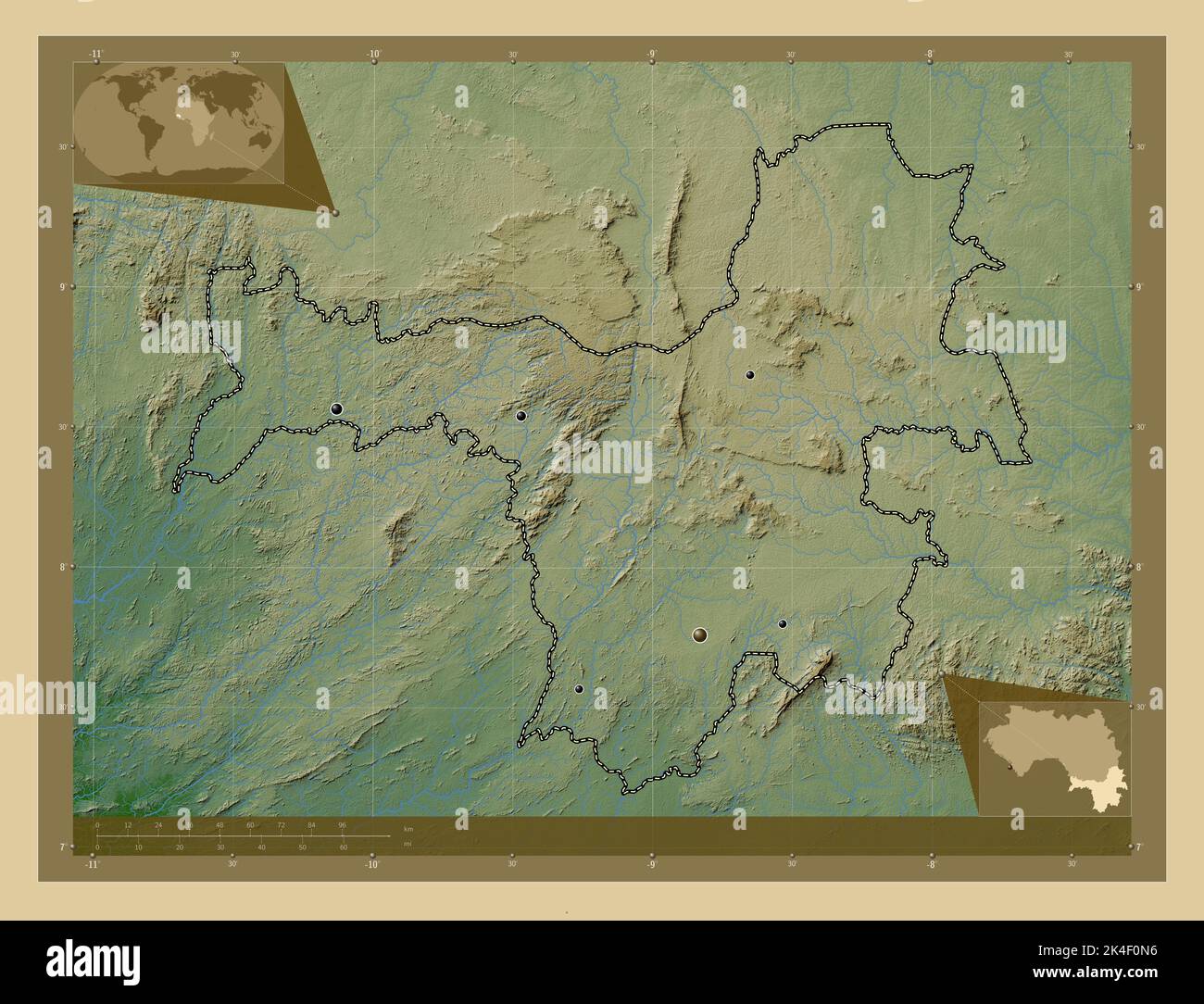 Nzerekore, region of Guinea. Colored elevation map with lakes and ...