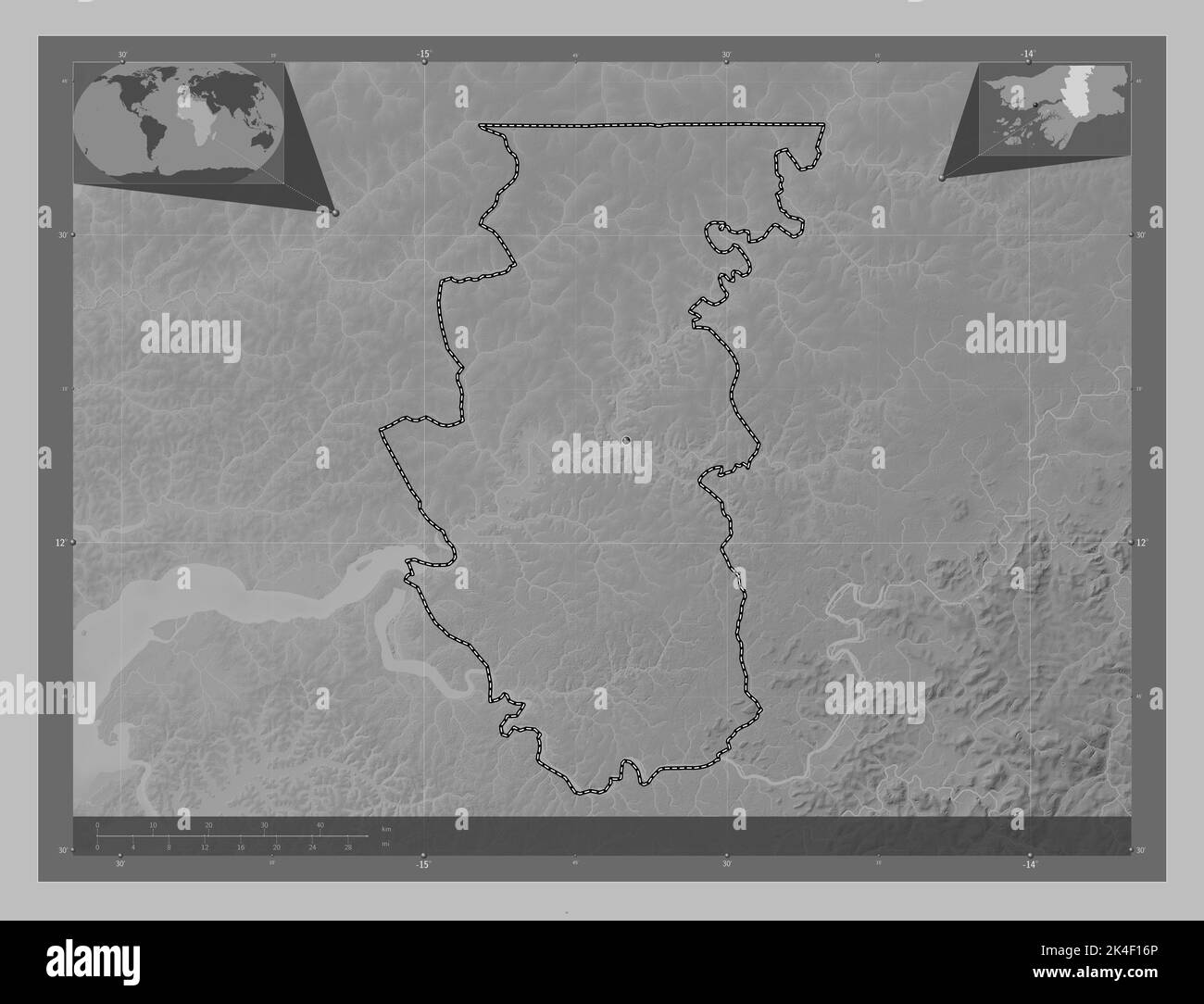 Bafata, region of Guinea-Bissau. Grayscale elevation map with lakes and ...